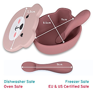 TUM TUM Suction Bowl for Baby, Toddler Bowl with Lid & Spoon, for Babies & Toddlers 6 Months+, BPA Free Silicone Baby Feeding Set, Microwave/Dishwasher/Freezer Safe, Betsy Bear, Pink