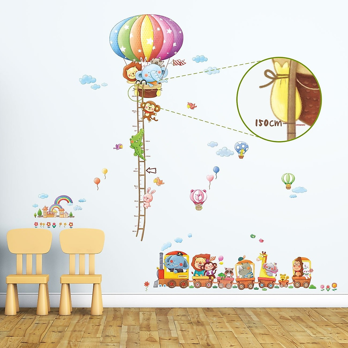 DECOWALL DA-1606N1406A Animal Hot Air Balloon Height Growth Chart and Train Kids Wall Stickers Wall Decals Peel and Stick Removable Wall Stickers for Kids Nursery Bedroom Living Room d?cor