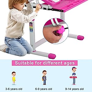 BLKMTY Desk and Chair Set Painting Table and Chairs Set Height Adjustable School Desk with Tilt Desktop Student Writing Desk with Storage Drawer for Studying, Reading, Drawing, Pink