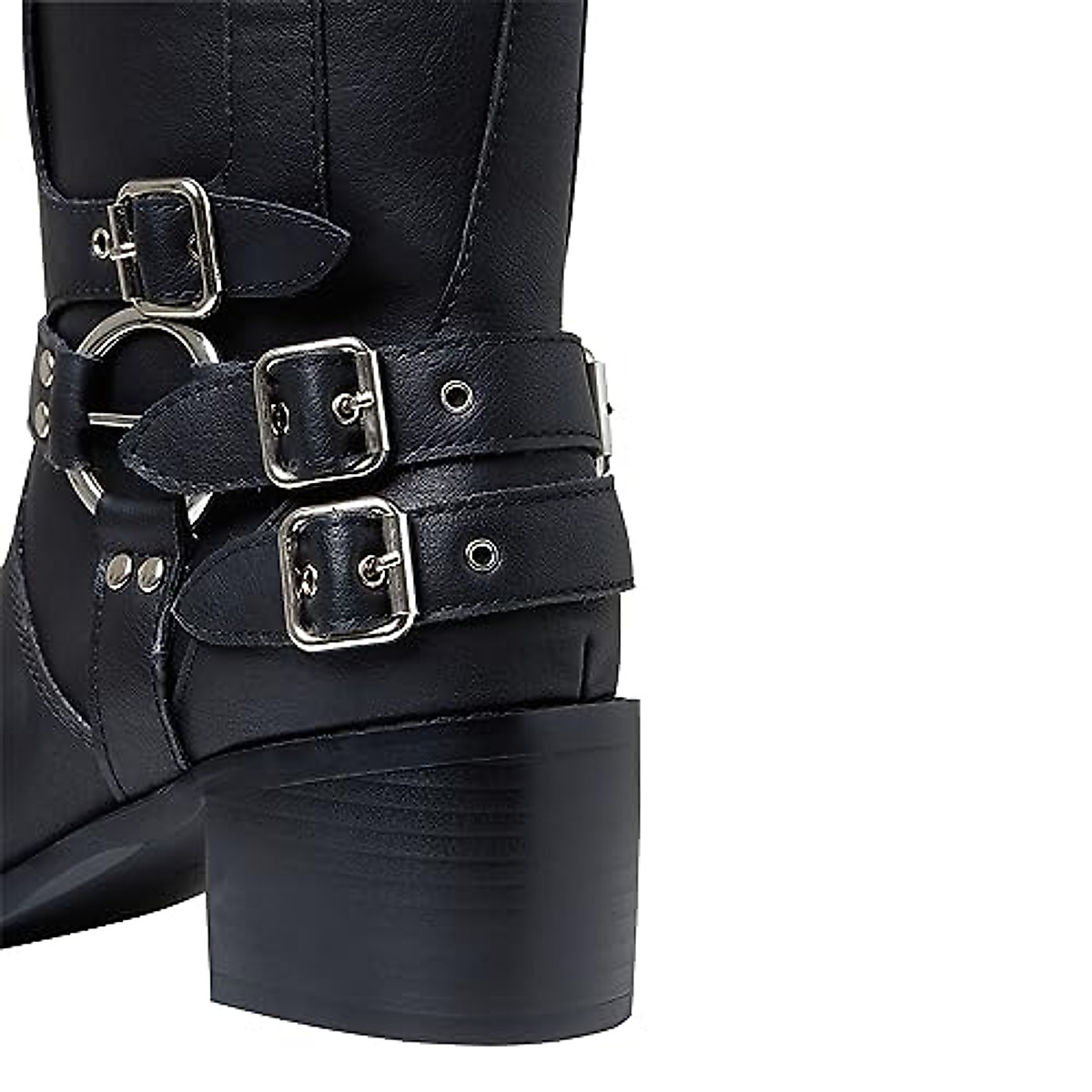 Cossansan Square Toe Boots for Women Knee High Boots Women Leather Buckles Black Dress Boots Fashion Winter Boots Moto Boots Women Size8