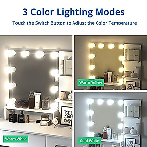 Cozy Castle White Vanity Table with DIY Lighted Mirror, Makeup Vanity Table Set with Drawer and Storage Cabinet, Dressing Table with Vanity Cushioned Stool for Bedroom, Makeup Room