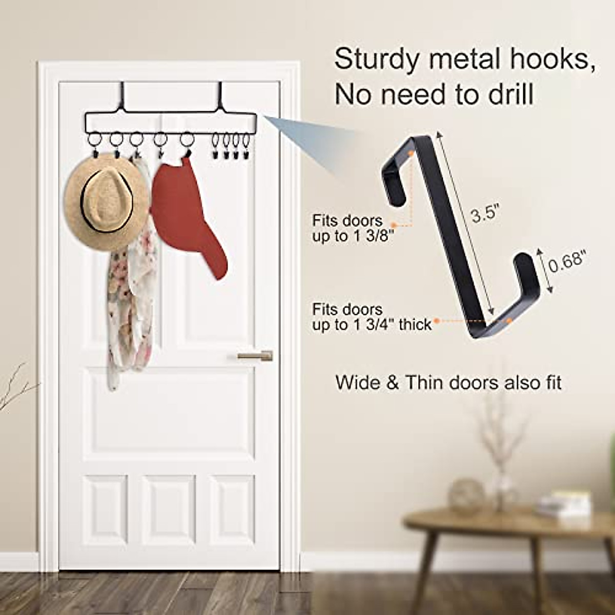 Hat Organizer with 2 Hanging Methods, Over the Door Hat Rack for Baseball Caps with 20 Hooks, Metal Wall Cap Organizer, Black Hat Holder Storage For Closet Door Entryway Bedroom Fit All Caps, Set of 2