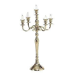 Romantic Hamptons Tall Five Candle Gold Candelabra, Fits Taper Candles, Hand Crafted of Aluminum, 14.5 D x 24.75 H Inches