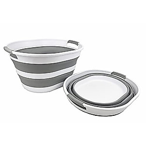 SAMMART 23L (6 Gallons) Set of 2 Collapsible Plastic Laundry Basket - Oval Tub - Foldable Storage Container/Organizer - Portable Washing Tub - Space Saving Laundry Hamper (White/Grey)