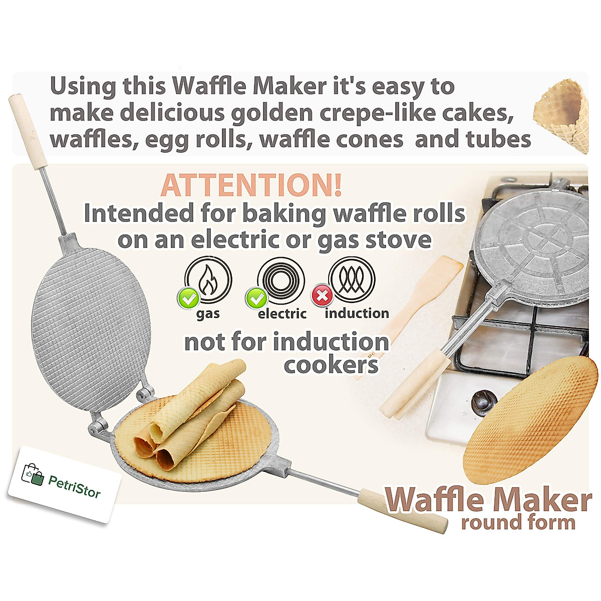 Waffle Maker - Waffle Cone Maker - Krumkake Iron - Wafer Maker - Waffle Makers - Waffle Cone Maker Machine - Stroopwafel Maker - Ice Cream Cone Maker - Wafer Iron - Stroopwafel Iron - Вафельница