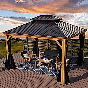 Kozyard Apollo Wood Looking 10ft x 12ft Aluminum Hardtop Gazebo with Galvanized Steel Roof and Mosquito Net (10ft x 12ft)