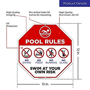 Pool Rules Sign, Pool Sign, 12x12 Inches, Rust Free .040 Aluminum, Fade Resistant, Made in USA by Sigo Signs