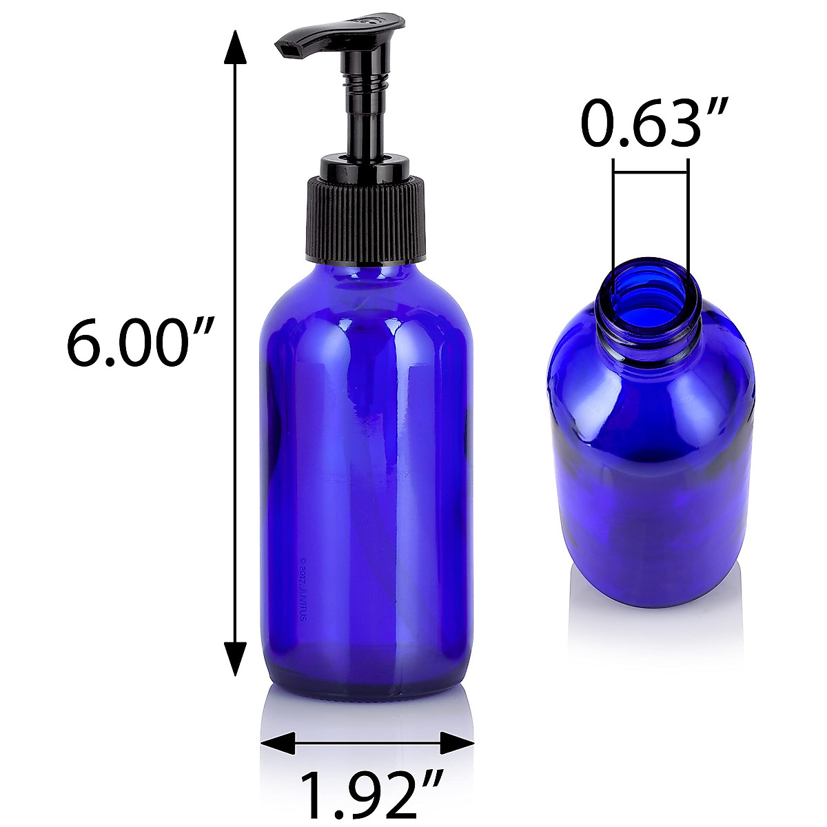 4 oz Cobalt Blue Glass Boston Round Bottle with Black Lotion Pump (12 Pack) + Funnel
