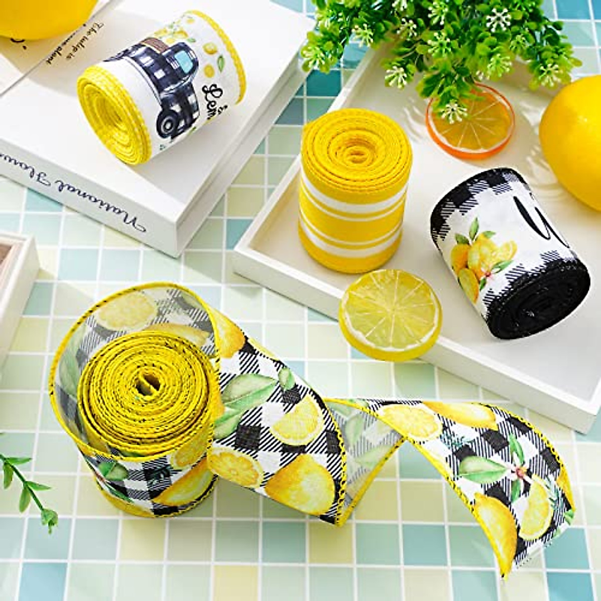 AnyDesign Lemon Wired Edge Ribbon 24 Yards Summer Yellow Lemons Truck Craft Ribbon Buffalo Plaids Farmhouse Fabric Ribbon for Wreath Bow Making DIY Crafts Wrapping Supplies, 4 Roll