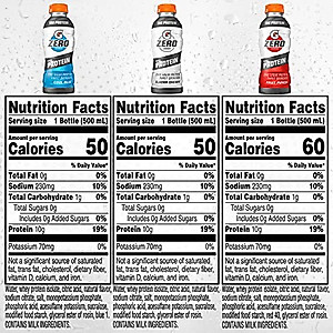 Gatorade Zero With Protein, 10g Whey Protein Isolate, Zero Sugar, Electrolytes, 3 Flavor Variety Pack, 16.9 Fl Oz, 12 Pack