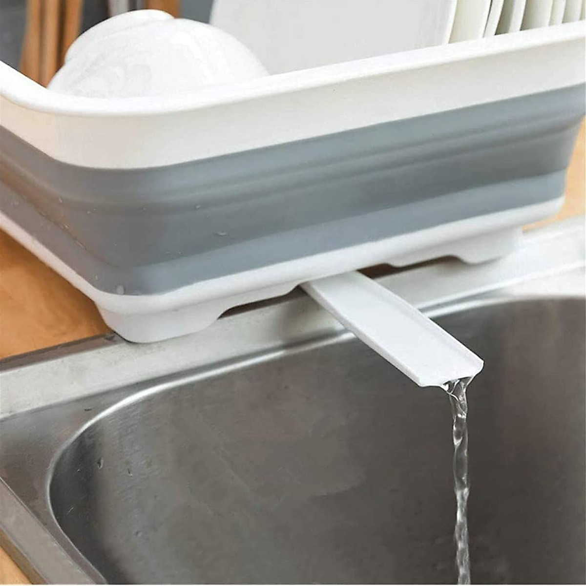 LLygezze Collapsible Dish Drying Rack, Silica Gel Drain Rack with Swivel Sprout for Kitchen Counter RV Campers Portable Dinnerware Organizer(Gray)