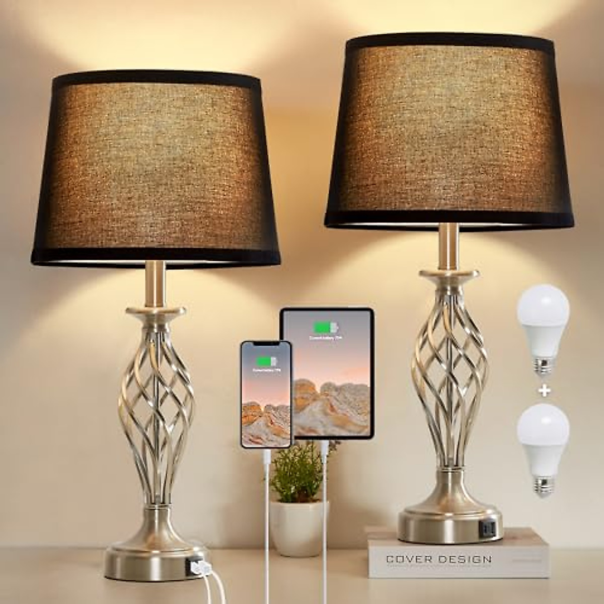 Table Lamp for Bedroom Set of 2 with USB C+A Ports, Brushed Nickel Bedside Lamps with Spiral Cage Base, Fabric Shade, Nightstand Lamp for Living Room Office Reading Bed Side End Table, Bulbs Included
