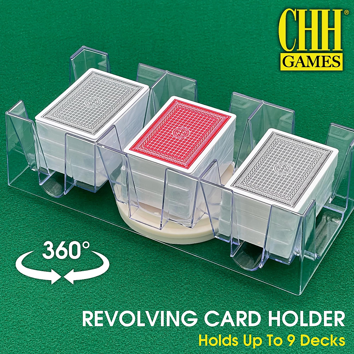 9 Deck Plastic Revolving Playing Card Tray with 3 Slots - Clear