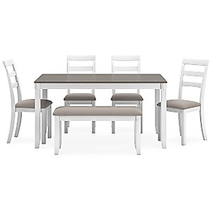 Signature Design by Ashley Stonehollow Modern Farmhouse Dining Table with Upholstered Chairs and Bench, Set of 6, White & Gray