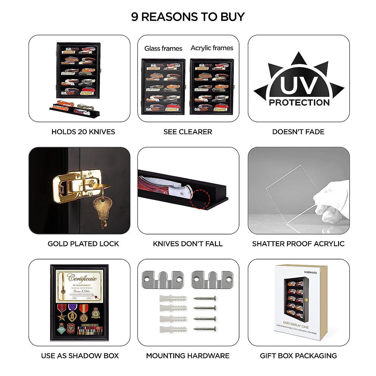 Pocket Knife Display Case for Wall Knife Collection Display Case with Patented Step Design and Removable Shelves to Use as Wall Mount Shadow Box Cabinet that Holds up to 20 Locking Knives Color Black