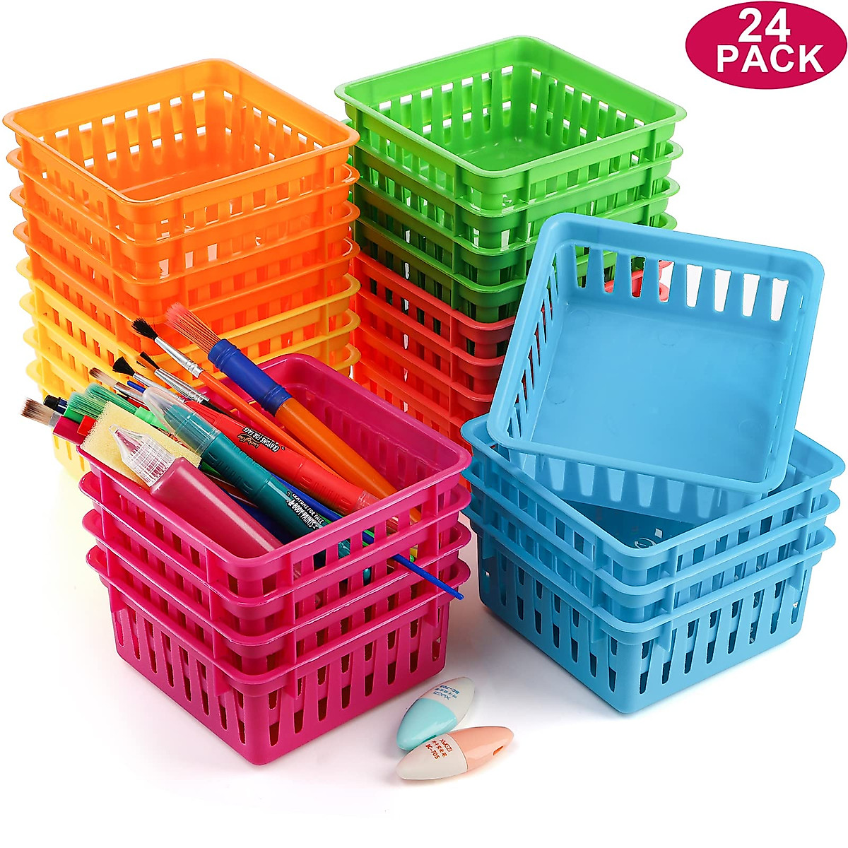 DEAYOU 24 Pack Classroom Storage Baskets, Small Plastic Basket, Crayon Pencil Container Bin Holder for Drawer, Desk, Home, Office, 5.3" L x 5.3" W x 2.4" H