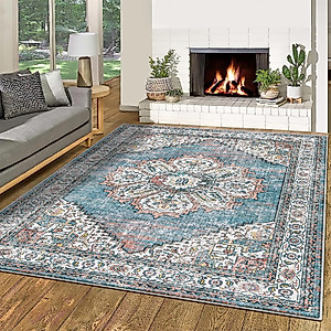 Washable Living Room Area Rug - 8x10 Large Bedroom Rug Distressed Oriental Non-Slip Non-Shedding Print Floor Carpet for Dining Room Kitchen (Blue, 8 x 10)