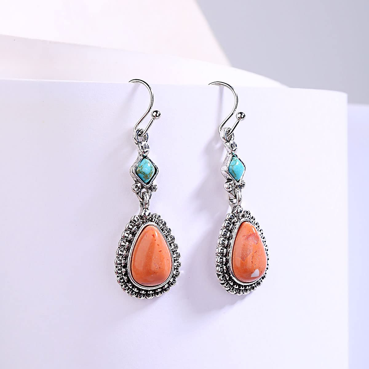 Colloca Orange Spiny Oyster Earrings for Women, Turquoise Orange Teardrop Earrings, Western Bohemian Drop Dangle Earrings, Jewelry Gift box Included