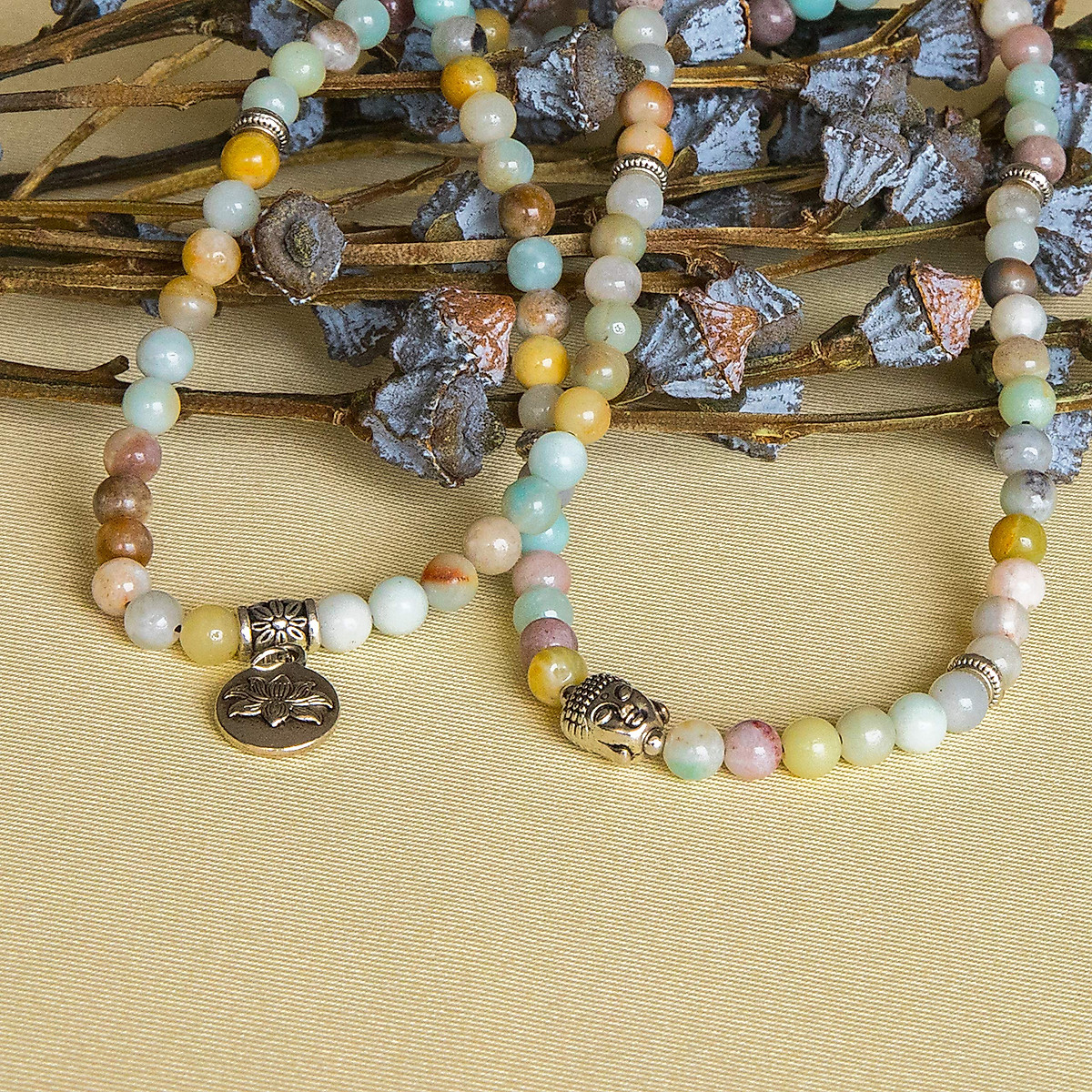 Bivei 108 Mala Beads Necklace Beaded Wrap Bracelets Genuine Gemstone Mala Prayer Beads Lotus Charm Yoga Meditation Necklace - -Amazonite