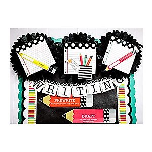 Schoolgirl Style Black, White & Stylish Brights 12 Piece Pencil and Paper Bulletin Board Cutouts, Pencil and Paper Bulletin Board Decorations and Classroom Décor