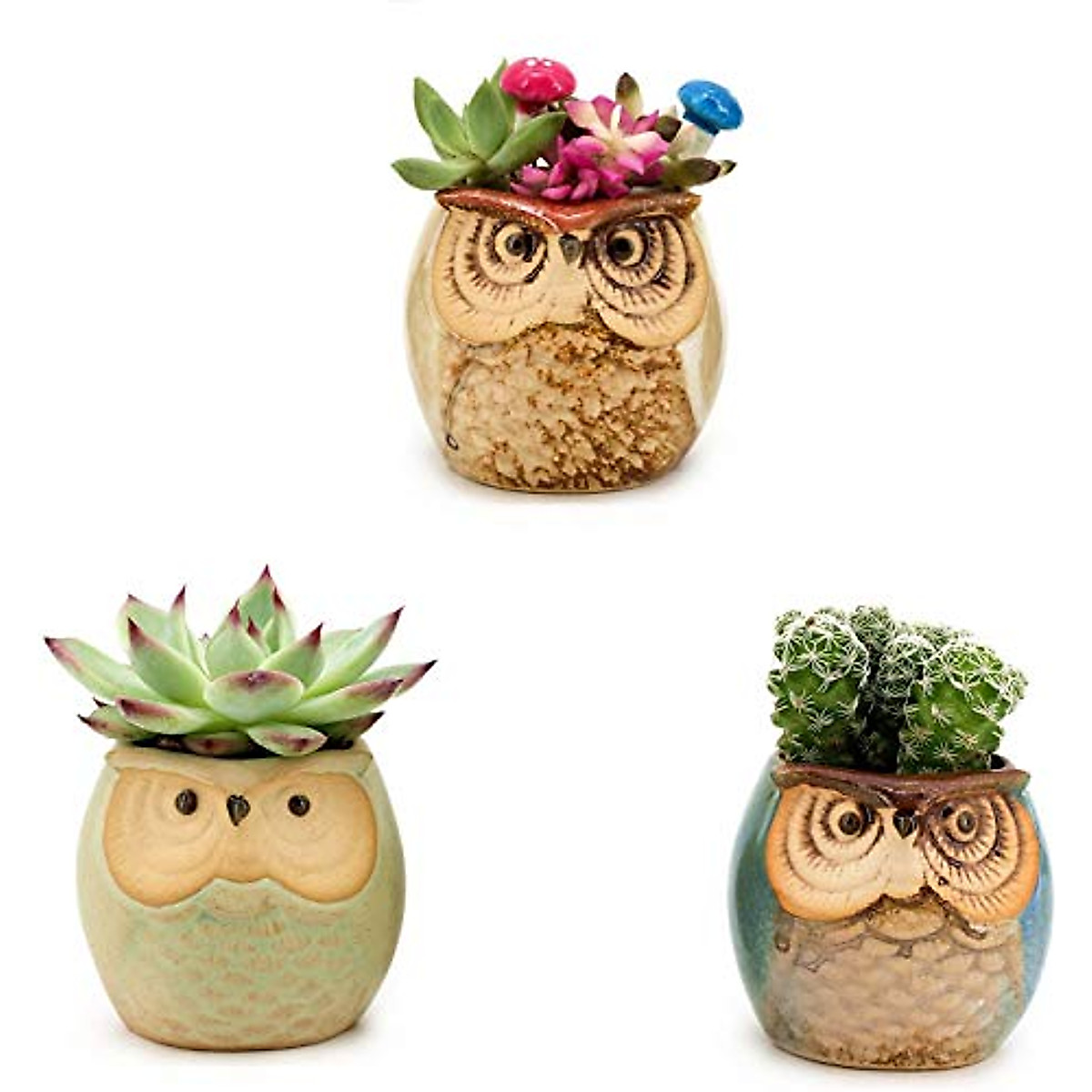 Weierken 12PCS Owl Pot Ceramic Flowing Glaze Base Serial Set Mini Succulent Plant Pot Cactus Plant Pot Container Planter Bonsai Pots with A Hole
