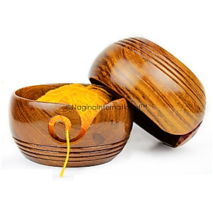 Solid Teak Wood Crafted Wooden Yarn Ball Storage Bowl with Spiral Yarn Dispenser & Decorative Rings | Knitting Crochet Accessories | Nagina International (Rosewood, Small)