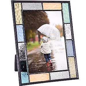 5x7 Picture Frame Colorful Stained Glass Photo Frame Table Top Easel Back Display Vertical or Horizontal Home Decor Blue Green Peach Clear J Devlin Pic 413-57HV
