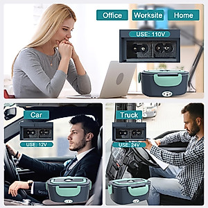 Electric Heated Lunch Boxes Adults: 80W Electric Lunch Box Food Heated 12/24/110V 1.5L Heatable Lunch Box for Car/Truck/Office Leak-Proof Stainless Steel Container, Fork & Spoon, Bag (Grey+Green)