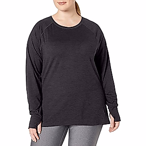 Amazon Essentials Women's Brushed Tech Stretch Long-Sleeve Crewneck Shirt (Available in Plus Size), Black/Space Dye, Large