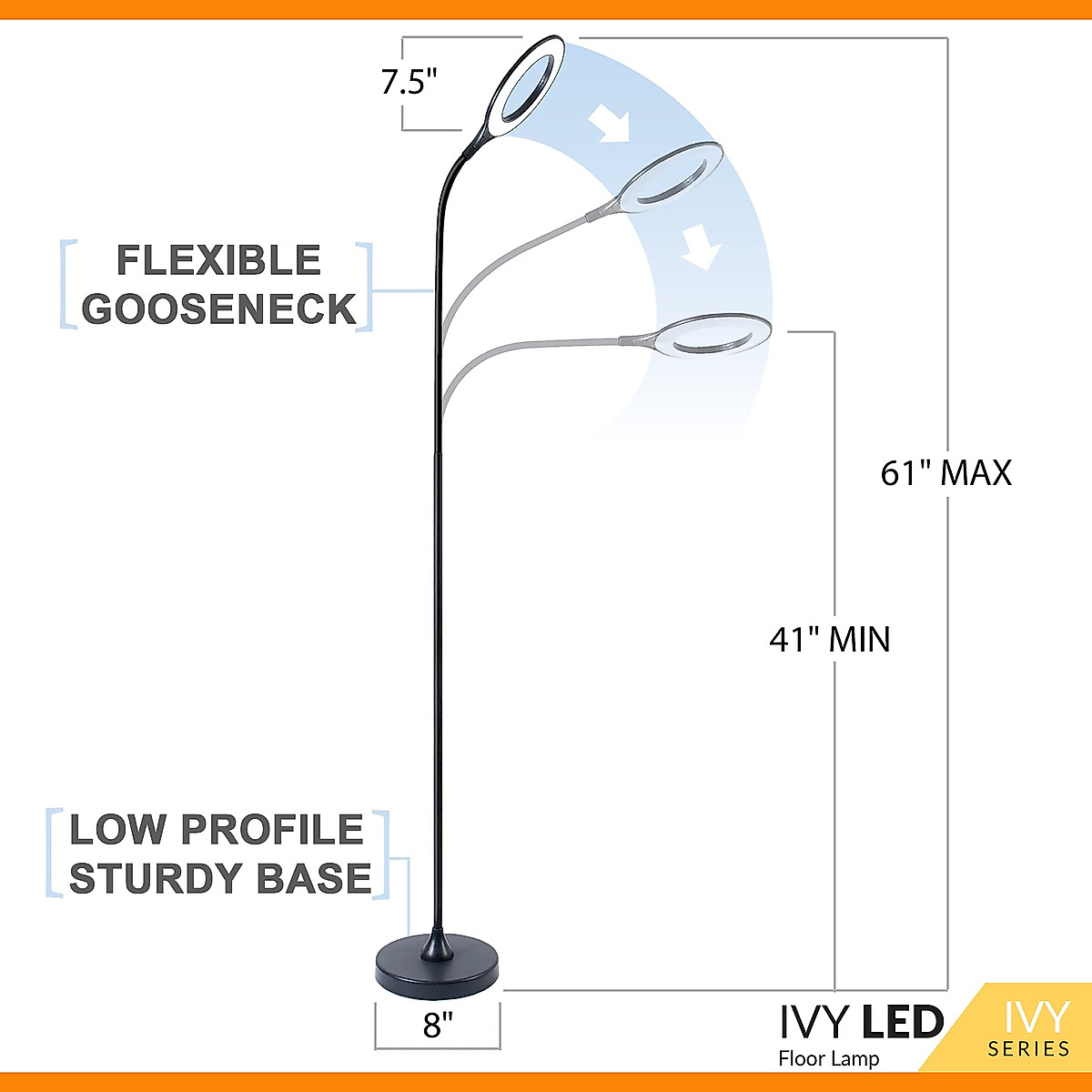 Bright Floor Lamp for Office, Reading and Bedrooms. LED Floor Lamp for Lash Light for Eyelash Extensions, Makeup & Nail Spa. Gooseneck Standing Lamp (White)