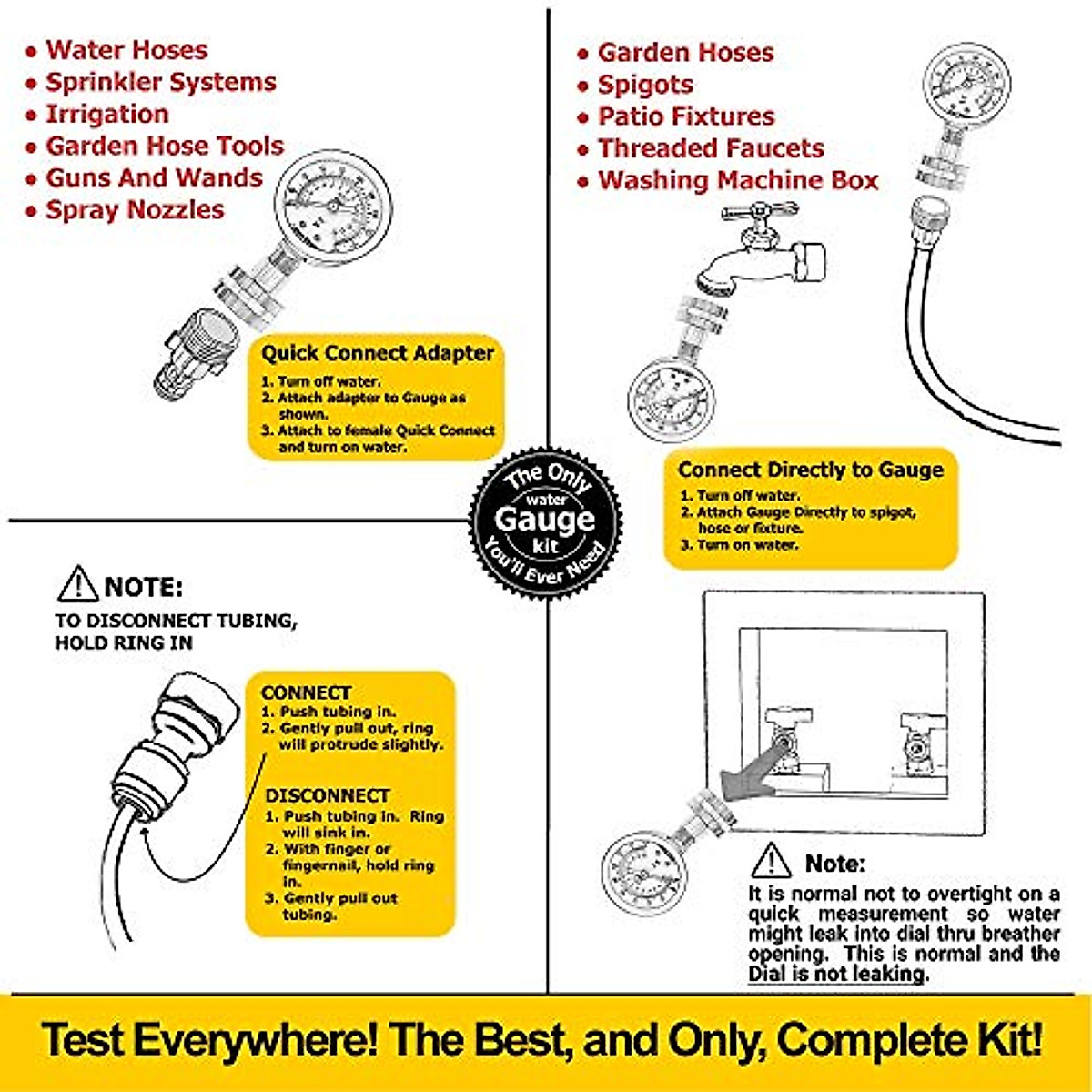 Flow Doctor Water Pressure Glycerin Filled Gauge Kit, All Purpose, 6 Parts Kit, 0 To 200 Psi, Standard 3/4" Female Garden Hose Thread Plus 5 Adapters To Test in Multiple Locations Indoors and Outdoors