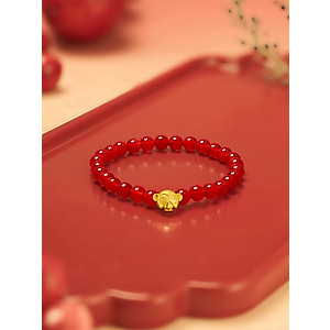 ZHOU LIU FU 24K Solid Gold Bracelets for Women, Stretchable Lucky Animals Real Gold Rabbit Bangle Charm Bracelets, Pure Gold Agate Beaded Zodiac Bunny Bracelet
