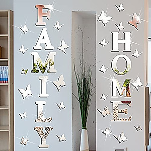 Outus 3D Family Home Sign Letters Living Room Decor Family Rustic Farmhouse Wall Decor Acrylic Mirror Decorative Butterfly Mirror Wall Sticker Decals for Living Room Bedroom Kitchen (Silver)