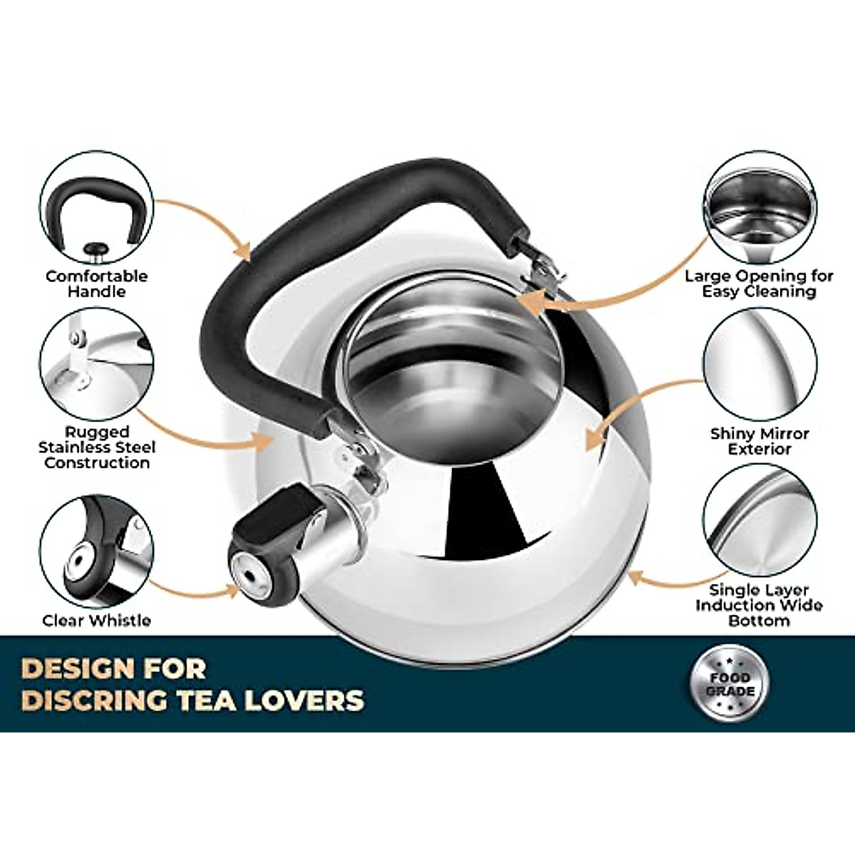 Tea Kettle for Stove Top - HIHUOS 2.2QT Whistling Teapot for Stovetop with Universal Base - Food Grade Stainless Steel Tea Pots for Stove Top - Mirror Sleek Teakettle with Cool Grip Bakelite Handle