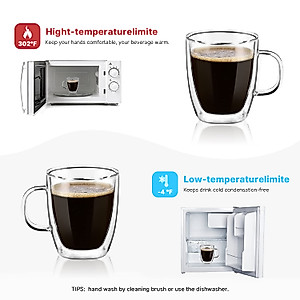 Liuruiyu Double Wall Glass Coffee mugs, (Set of 4) 12 Ounces-Clear Glass Coffee Cups with Handle,Insulated Coffee Glass,Cappuccino Cups,Tea Cups,Latte Cups,Beverage Glasses