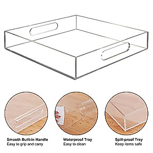 Acrylic Serving Tray with Handles, Spill-Proof Clear Breakfast Dinner Tray Decorative Tray Makeup Organizer Tray Countertop Coffee Table Tray for Living room, Bathroom, Bedroom, Kitchen - 12x12inch