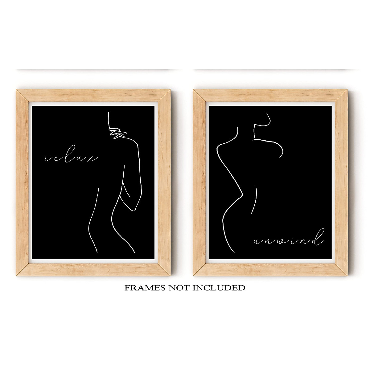 Abstract Minimalist "Relax, Unwind" Black Wall Decor - Set of 2-8"x10" UNFRAMED Prints - Modern, Minimal, Black And White Line Art - Female Figure Silhouette - Bathroom Wall Decor