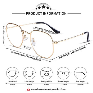AZorb Hexagonal Clear Lens Glasses for Women Men Non-prescription Eyeglasses Designer Square Round Metal Frame(Gold Frame/Clear Lens)