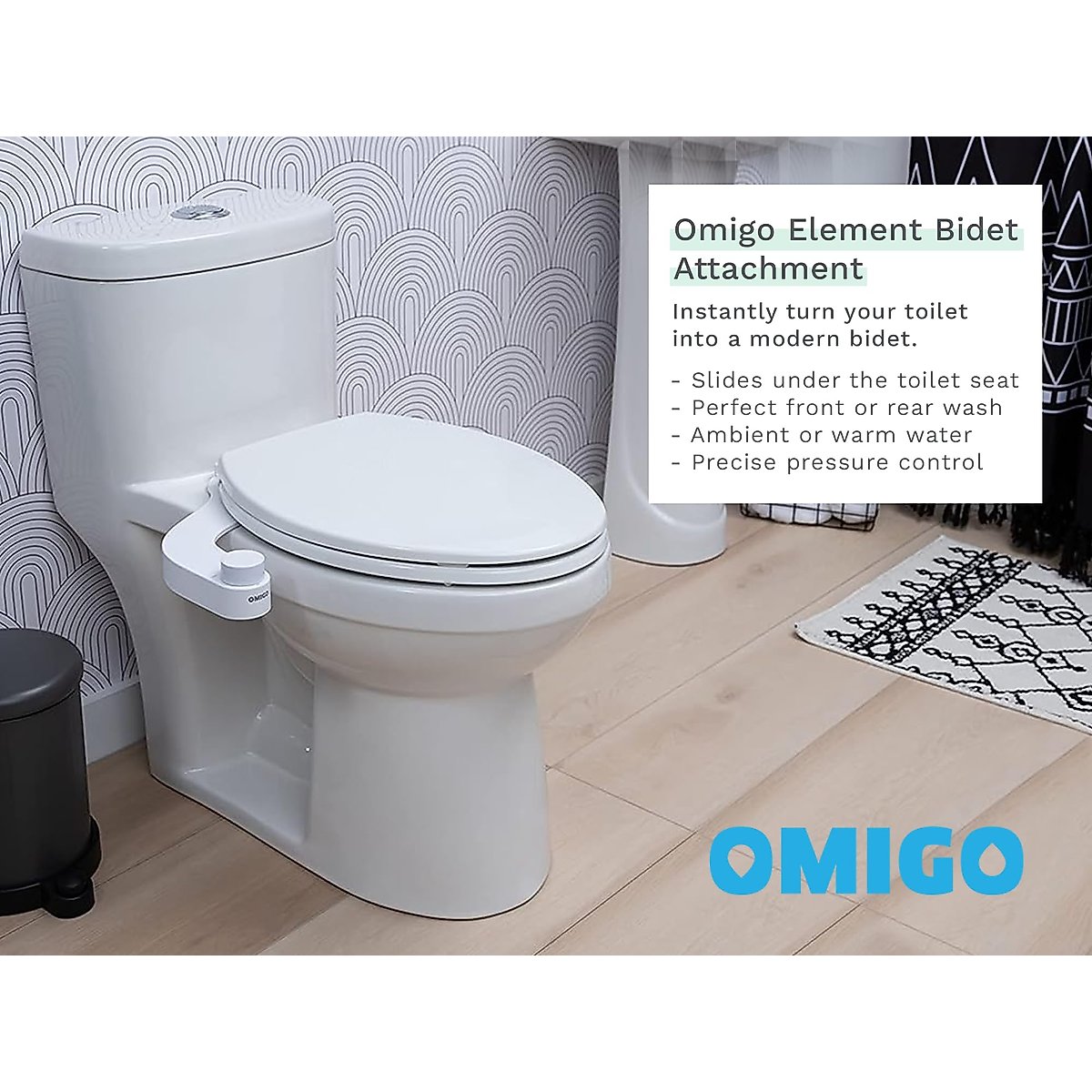 Omigo Element Bidet Attachment Non-Electric Thin Modern Design, Dedicated Rear and Front Self-Cleaning Nozzles with Pressure Control Dial (Dual Temp, White)