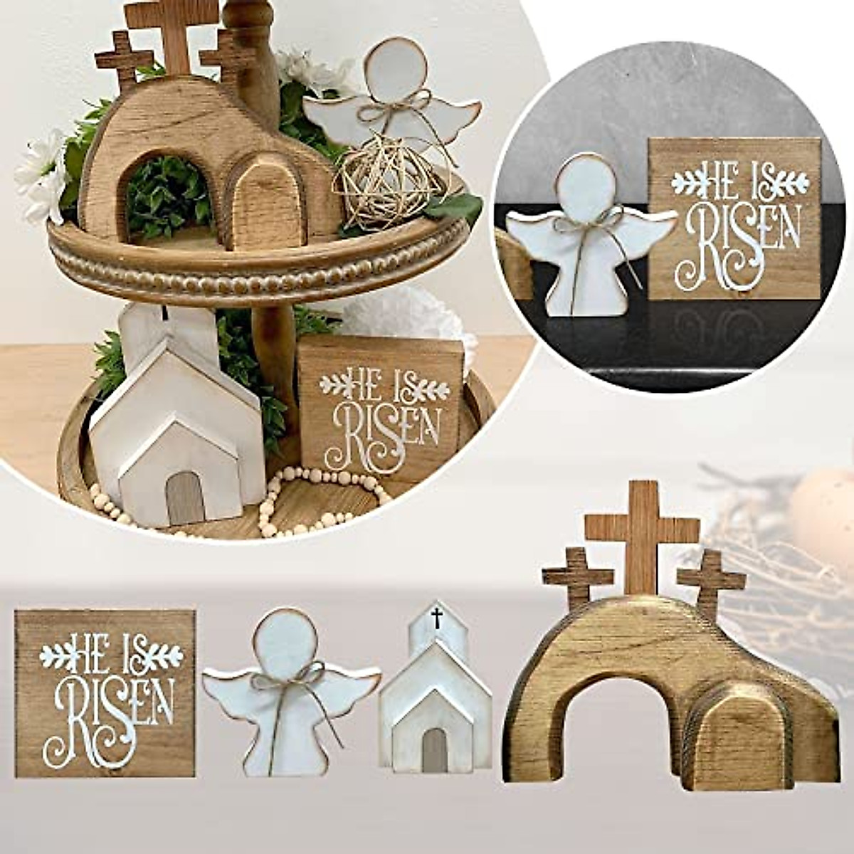 Jesus Tomb Easter Tray Bundle Kit, Wooden Easter Jesus Sign Tiered Tray Decorations, He is Risen Easter Tiered Tray Decor Farmhouse Rustic Tiered Tray Items, Easter Decor for Home Office (Set of 4)