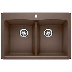 BLANCO 440218 Diamond Silgranit Double Bowl Undermount or Drop Kitchen Sink, 33" L X 22" W X 9.5" D, Café