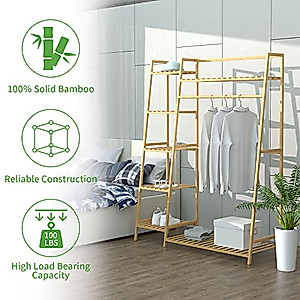 43.5" Bamboo Clothing Garment Rack Free Standing Clothes Coat Hanger Rolling Closet Organizer Shoe Rack Wardrobe Storage Hall Tree Entryway Living Bedroom Office Storage Shelves Clothes Hanging Rack