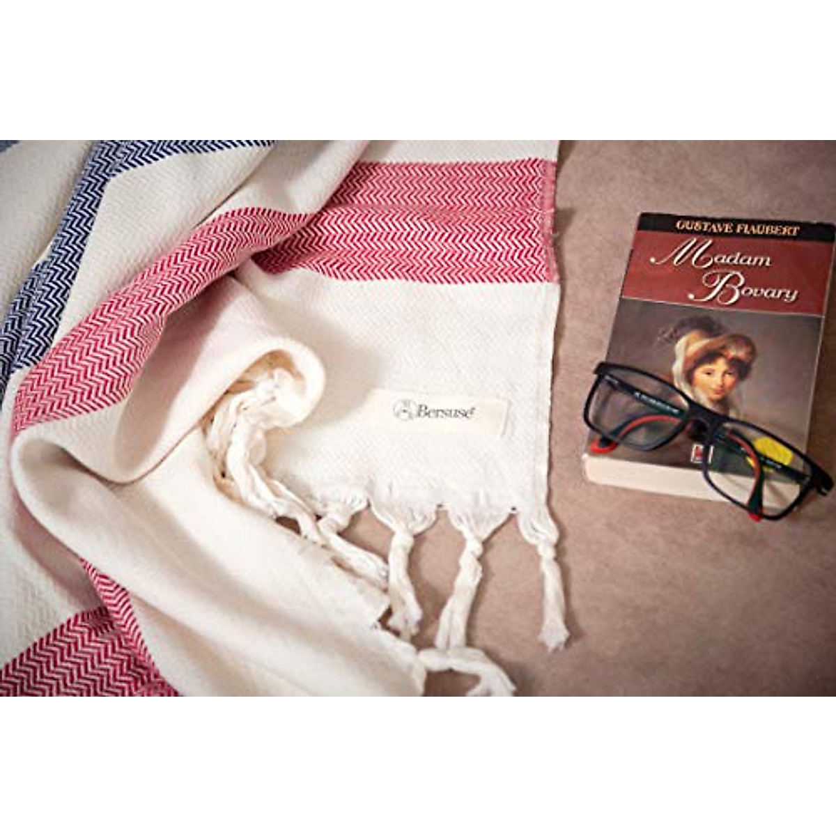 Bersuse 100% Cotton Aspendos XL Throw Blanket Turkish Towel - 60x90 Inches, Dark Blue-Red