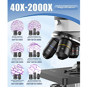 PalliPartners Compound Microscope for Adults & Kids - 100X-2000X High-Power Biological Microscope for Students, School Lab & Home Education, with Slides Set & Phone Adapter (White)