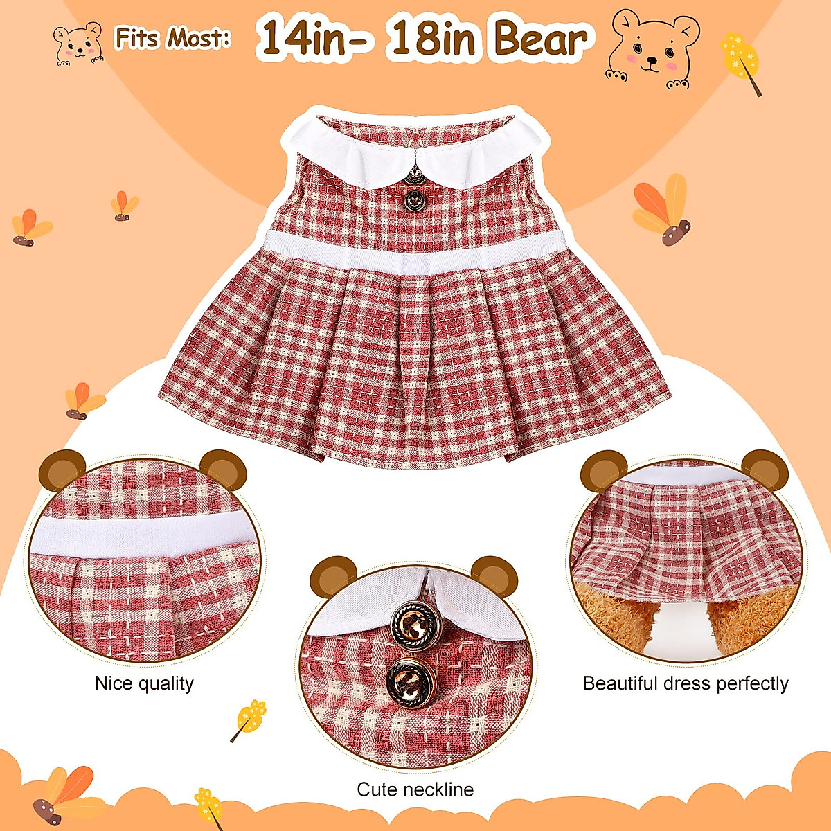 Landhoow 3 Pcs Cute Dress Outfit Bear Clothes Fits Most 14-18 Inch Bear and Make Your Own Stuffed Animals Bear Clothes for Girls Bear Accessories, Not Included Bear