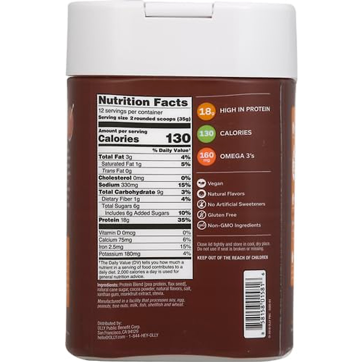 OLLY Plant Powered Protein, 18g Plant Protein, Protein Powder, Vegan, Gluten Free, Non GMO, Chocolate, 12 Day Supply - 14.8 Ounces