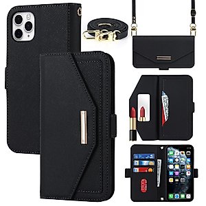 Jaorty Crossbody Wallet for iPhone 11 Pro Case with Adjustable Lanyard Strap Credit Card Holder 5.8",PU Leather Handbag Purse Kickstand Make Up Mirror Cover Case for Men Women Girl,Black