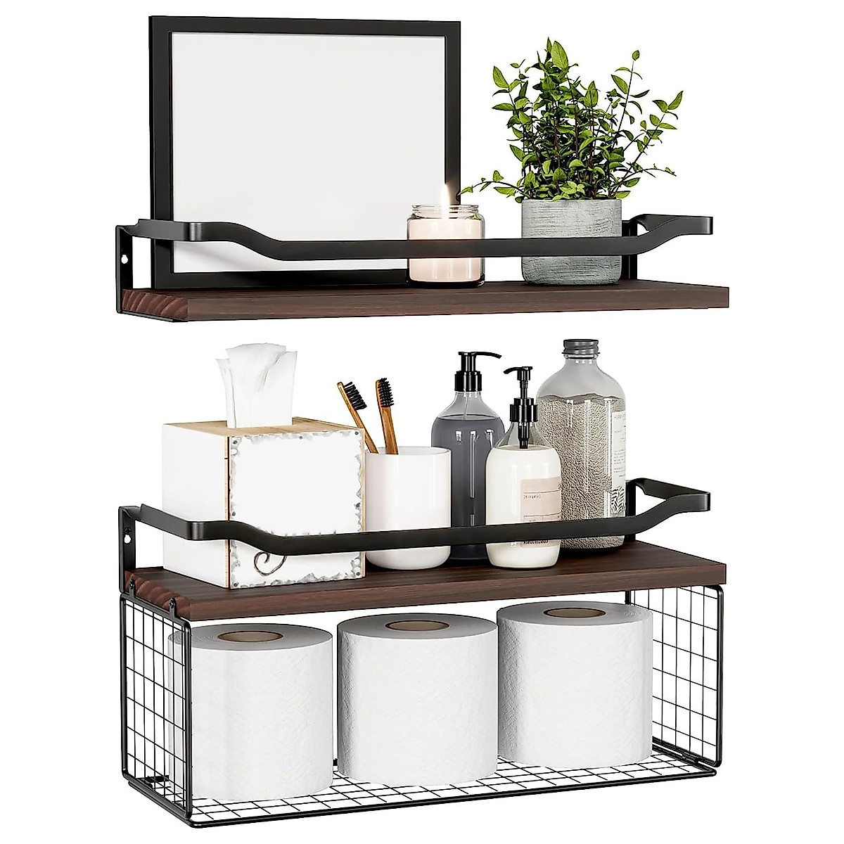 2Pcs Wall Mount Wooden Floating Shelves Metal Wire Mesh Basket Large Capacity Bathroom Shelves Over Toilet Storage Holder Organizer Rack for Bathroom, Kitchen, Living Room, Wall Decor Light Brown