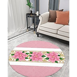 Christmas Fluffy Round Area Rug Carpets 5ft, Plush Shaggy Carpet Soft Circular Rugs, Non-Slip Fuzzy Accent Floor Mat for Living Room Bedroom Nursery Decor Luxurious Vintage Winter Flower Leaves Pink