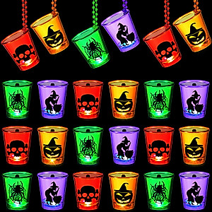 LED Light Up Halloween Shot Glass on Beaded Necklace Plastic Shot Glasses Shot Cups Glow in The Dark Halloween Shot Glass Necklaces for Halloween Party Favors Decorations Supplies, 4 Colors (24 Pcs)